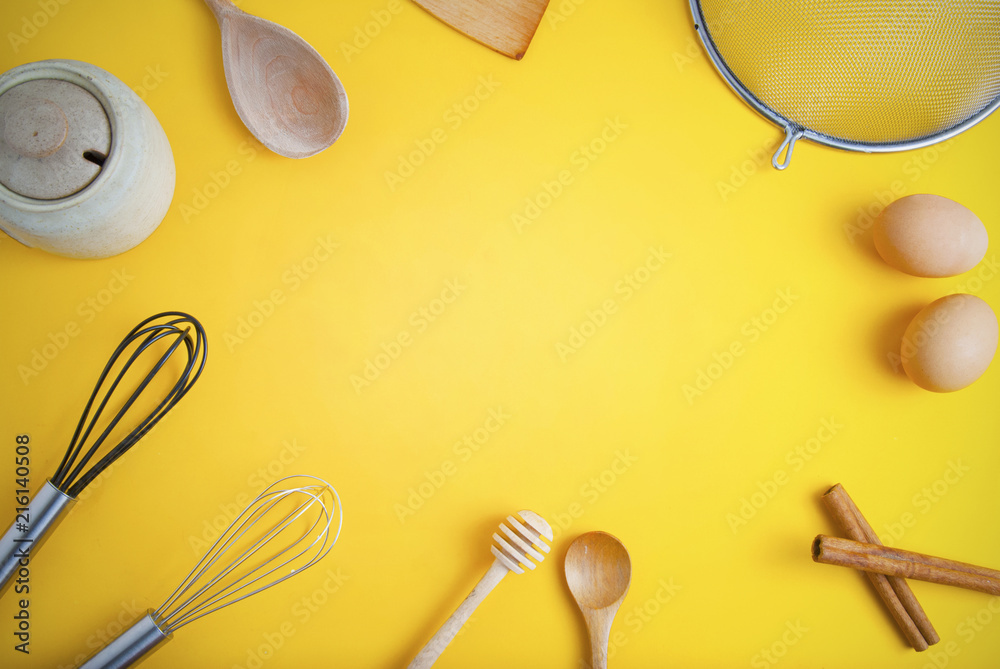 Tools pastry kitchen utensile for cooking dessert, over yellow ...