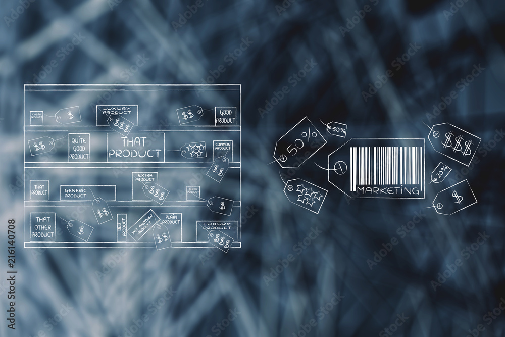 store aisle with different products and group of price tags with ...