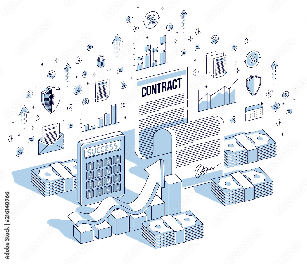 Financial contract concept, paper legal document and cash money stacks ...