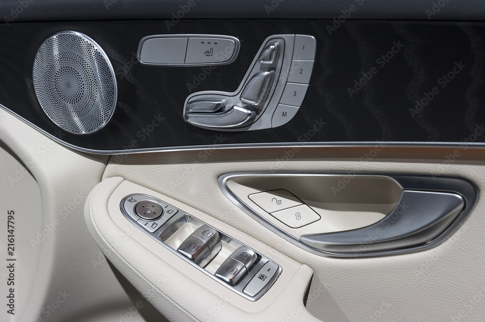 Car leather interior detail, vehicle door handle with window and seat ...