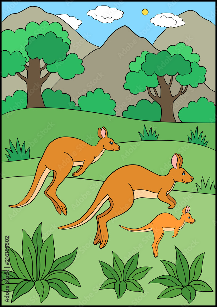 Cartoon animals. The kangaroo family runs. Stock Vector | Adobe Stock