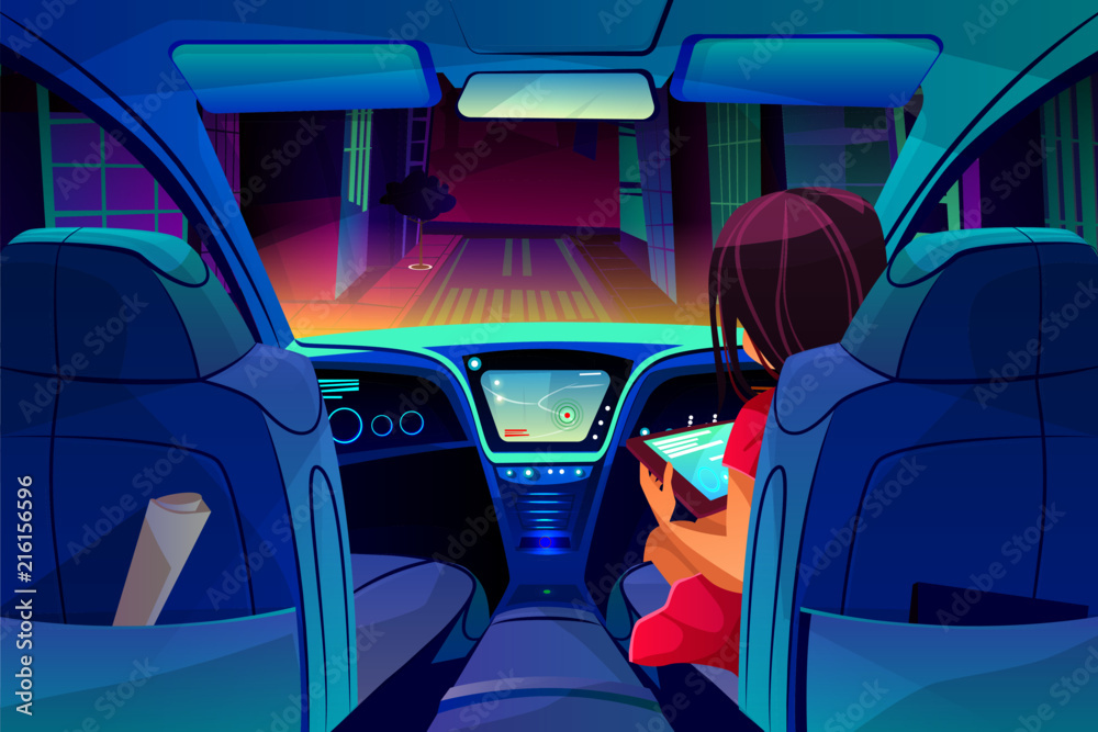 Girl control or manage smart autonomous car vector illustration. Woman ...
