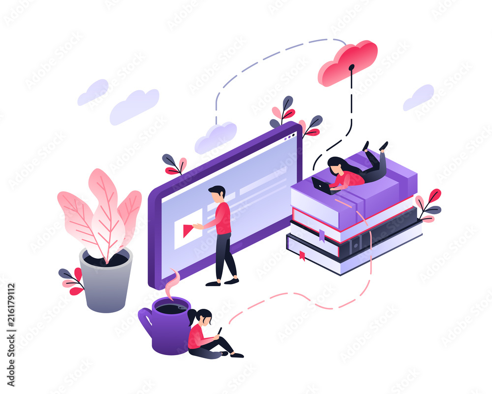 Online training, workshops and courses visualization flat 3d web isometric infographic concept ...