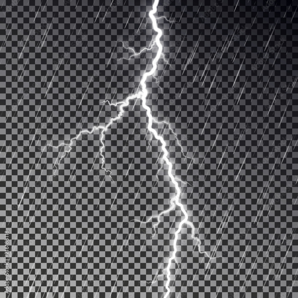 Dark raining sky and lightning bolt isolated on checkered background ...