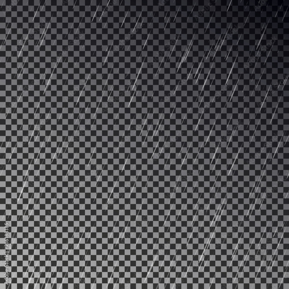 Dark raining sky isolated on checkered background. Transparent rain ...