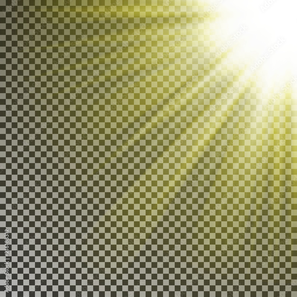 Sun ray light on top rigth corner. Transparent glow yellow sunlight ...