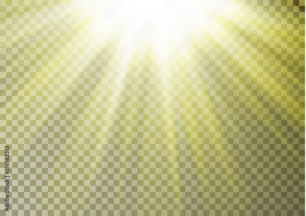 Sun ray light on top isolated on checkered background. Transparent glow ...