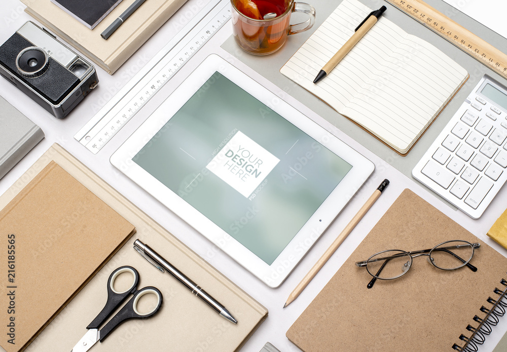 Grid Aligned Desk with Tablet Mockup Stock Template | Adobe Stock