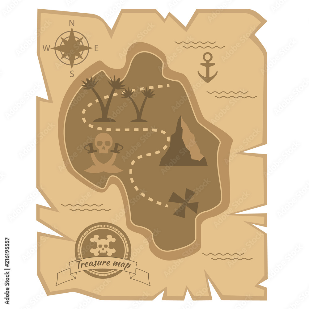 Pirate Treasure Map in flat style Stock Vector | Adobe Stock