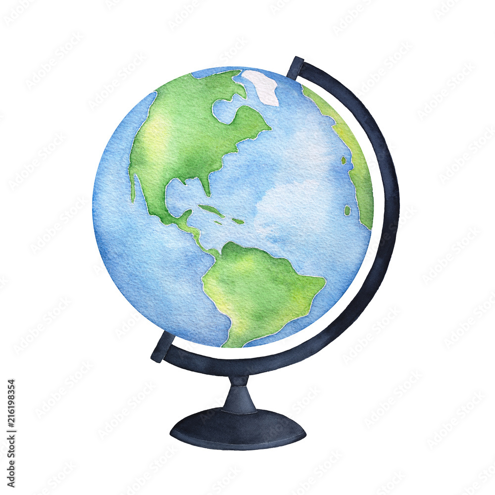 Colorful blue and green terrestrial globe on black base. One single ...