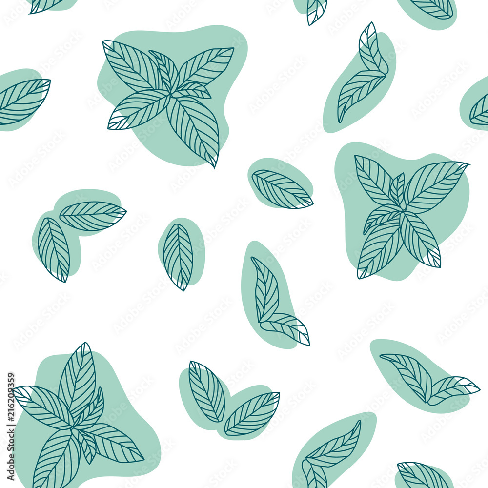 Mint leaves hand drawn seamless pattern. Peppermint, spicy herbs ...