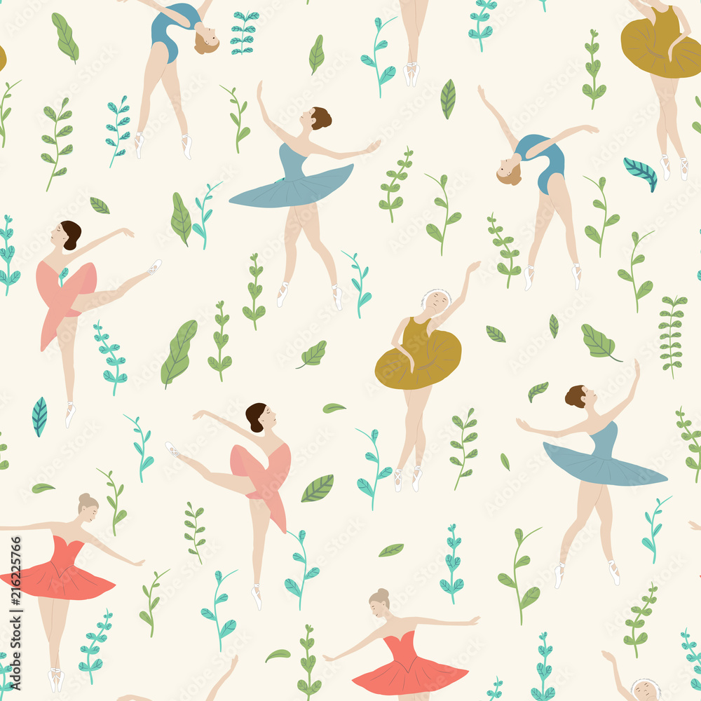 Seamless pattern of ballet dancers with plants in different poses. on a ...