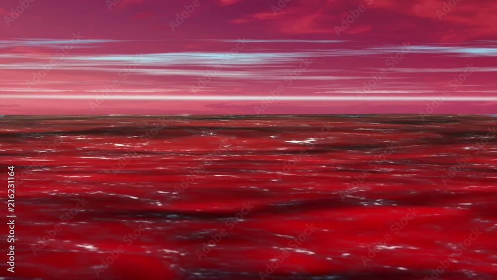 4K Red Sea or ocean waves motion with red sky and clouds background ...