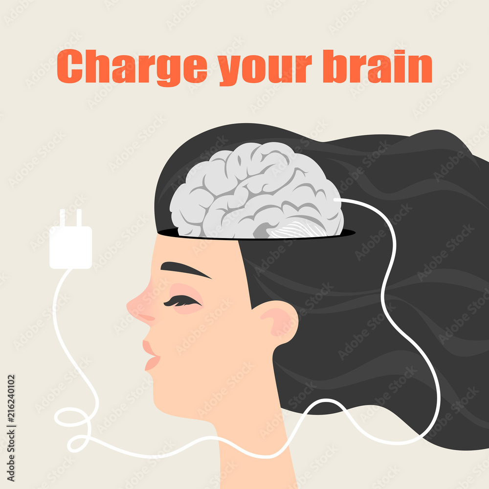 Conceptual image of a girl recharging her brain. Vector illustration in ...
