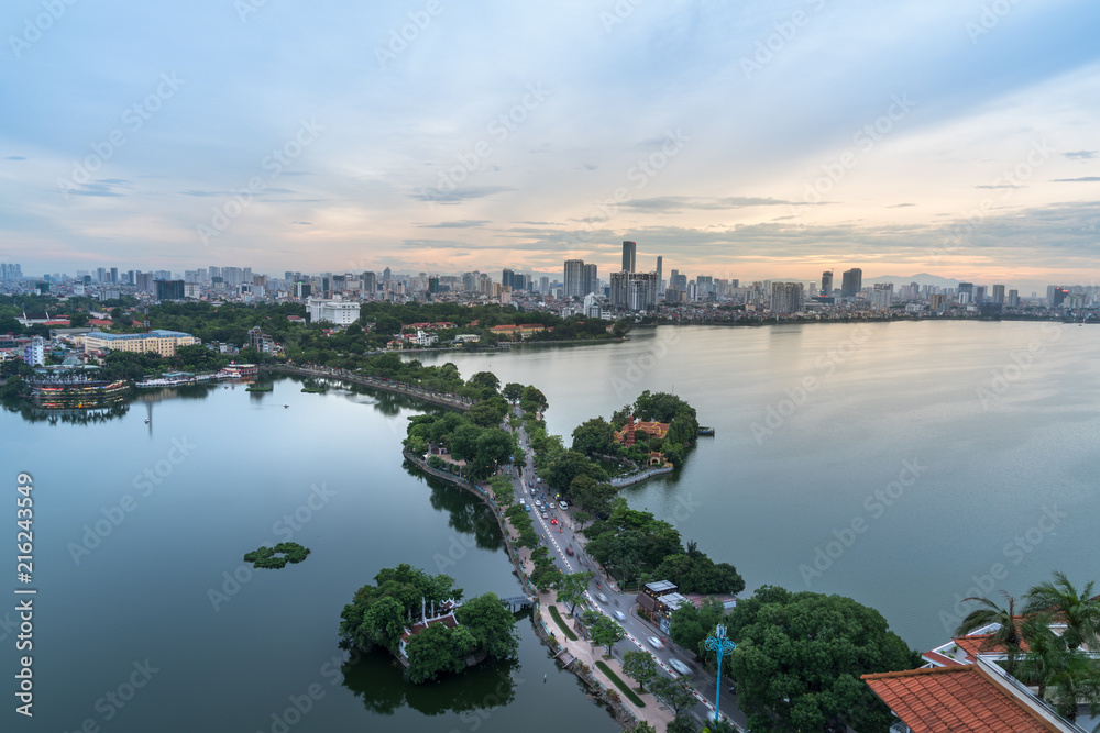 Aerial view of Hanoi skyline at West Lake or Ho Tay. Hanoi cityscape at ...