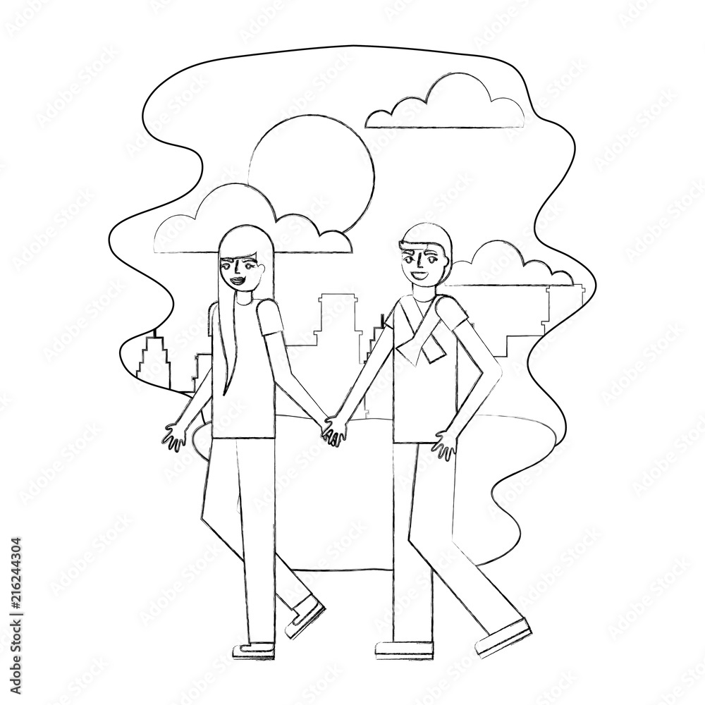 Couple Holding Hands Walking Drawing