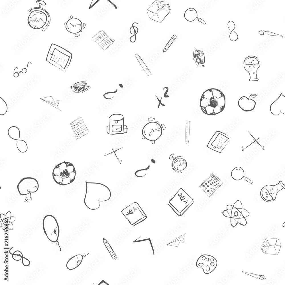 Seamless pattern with cute hand drawn educational tools including ...