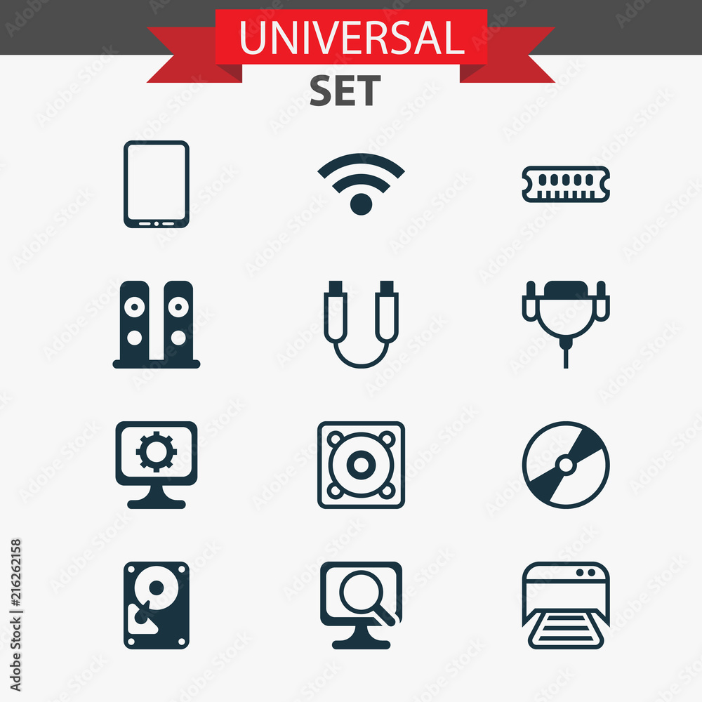 Computer icons set with ram, monitor cable, photocopy machine and other ...