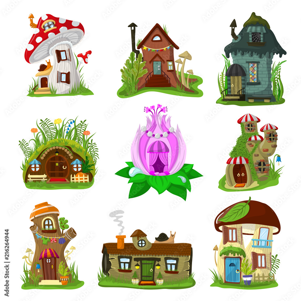 Fantasy house vector cartoon fairy treehouse and magic housing village ...