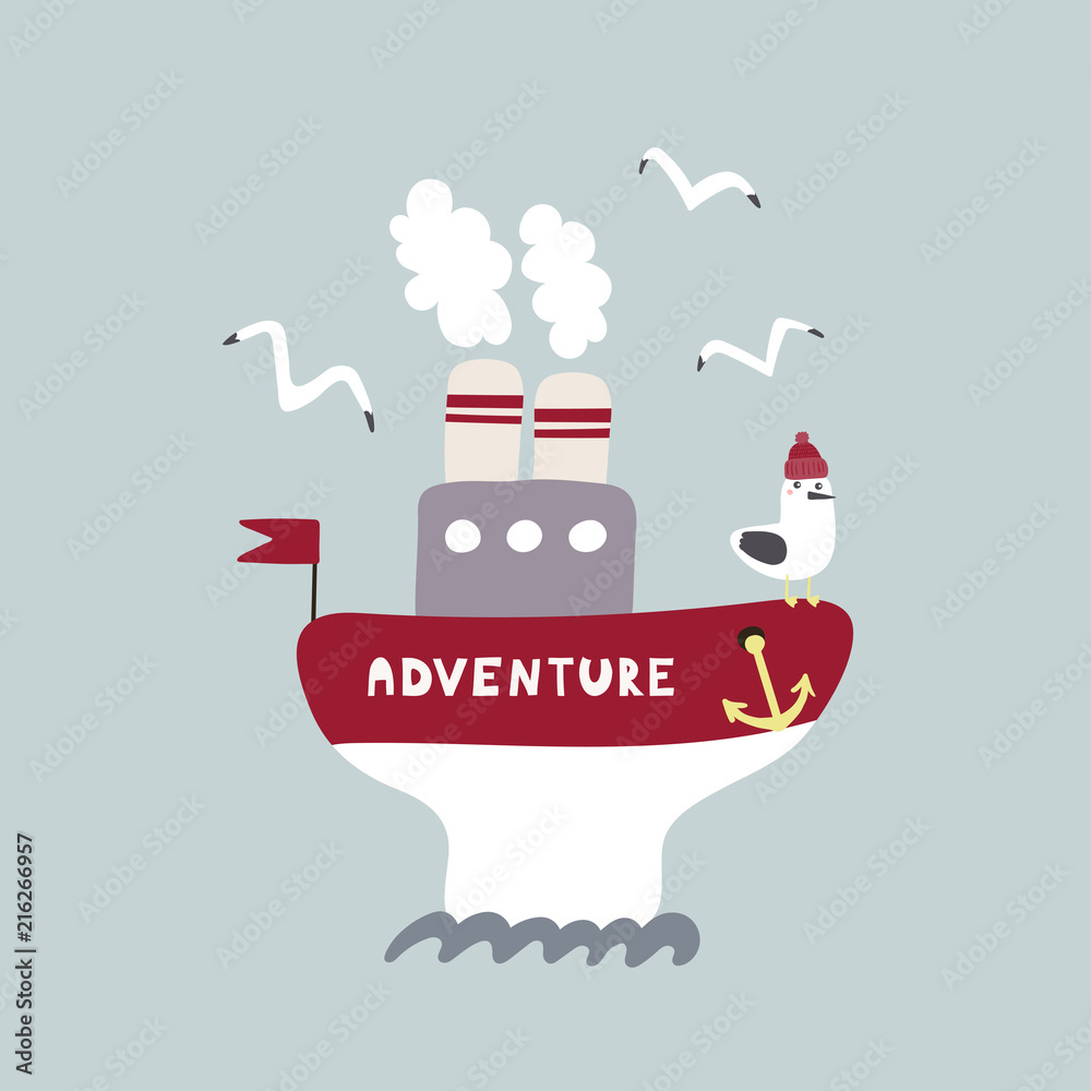 Hand drawn vector illustration of a cute funny ship named Adventure ...