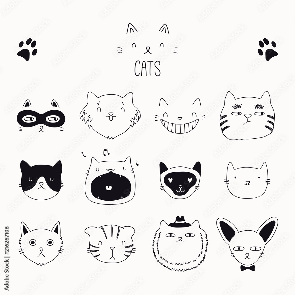 Set of cute funny black and white doodles of different cats faces ...