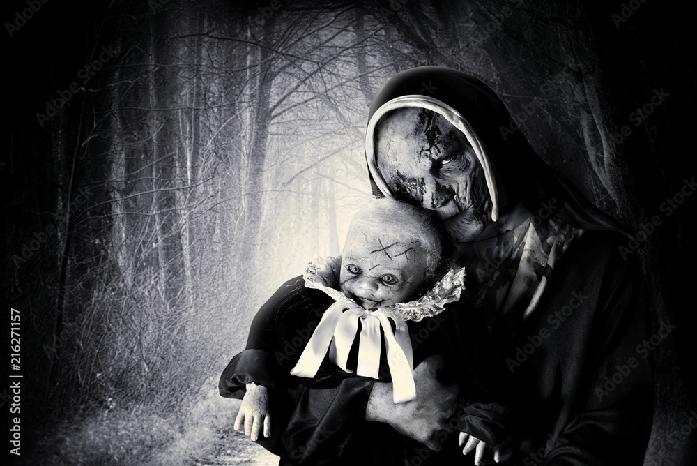 scary horror nun and devil baby Stock Photo | Adobe Stock