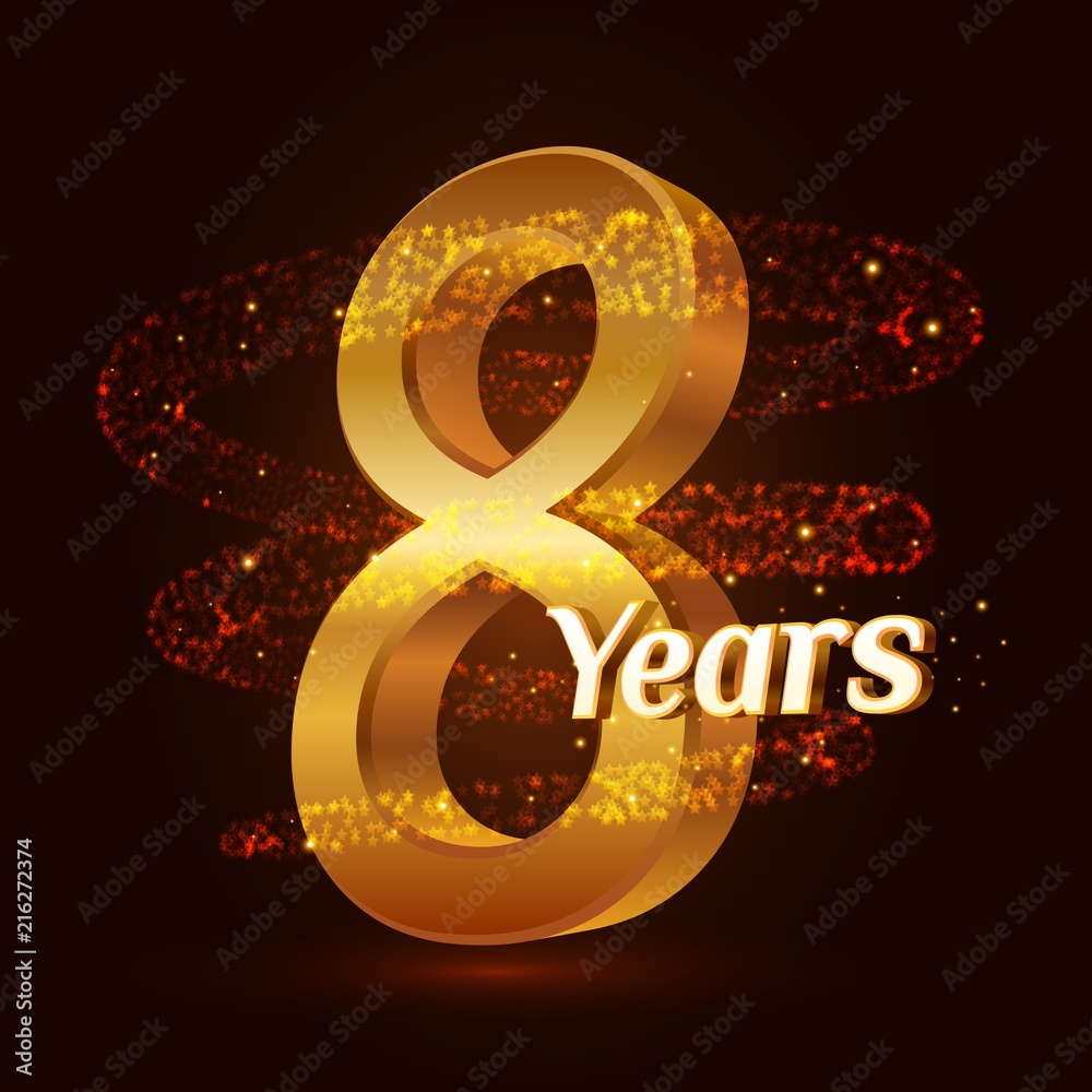 8 years golden anniversary 3d logo celebration with Gold glittering ...