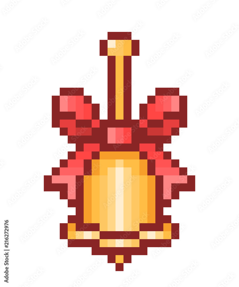 Golden bell with handle decorated with red ribbon bow,pixel art icon ...