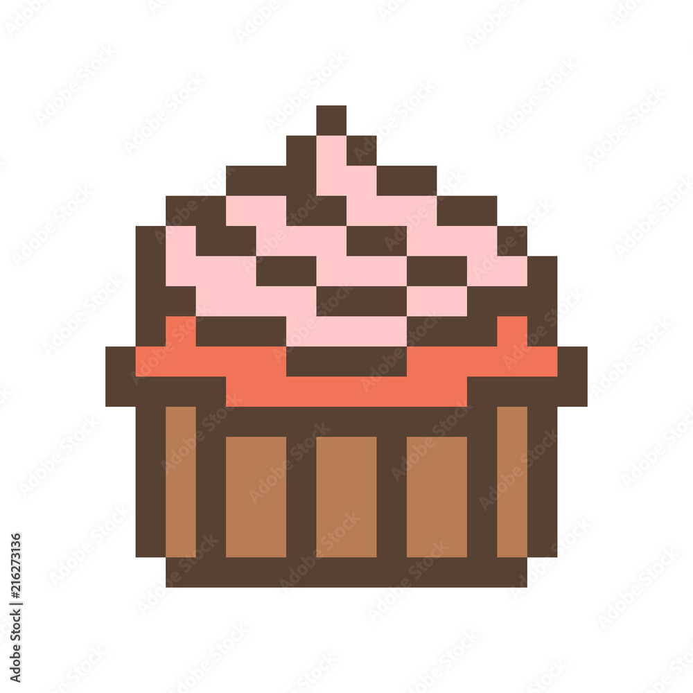 Cupcake with cream icing in a baking cup, 16x16 pixel art food icon ...