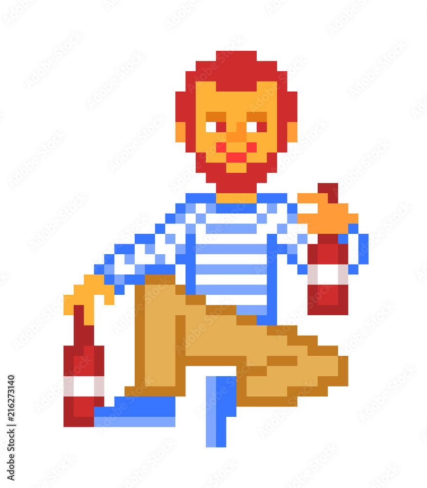 Drunk guy with two bottles of beer/wine, cartoon pixel art character ...