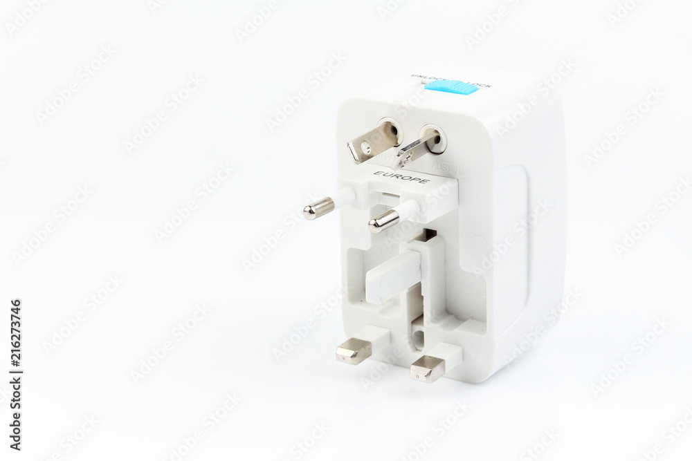 Universal travel adapter plug. isolated on white background. For ...