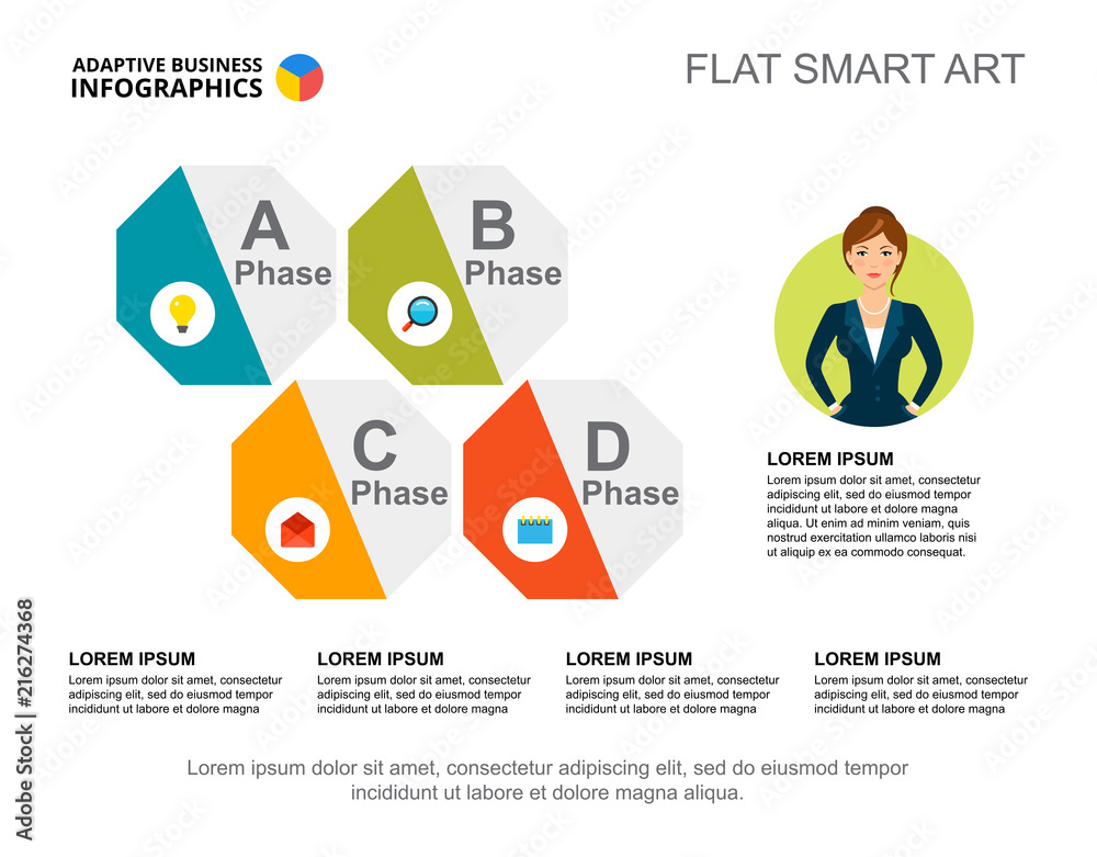 Four phases process chart template for presentation. Business data ...
