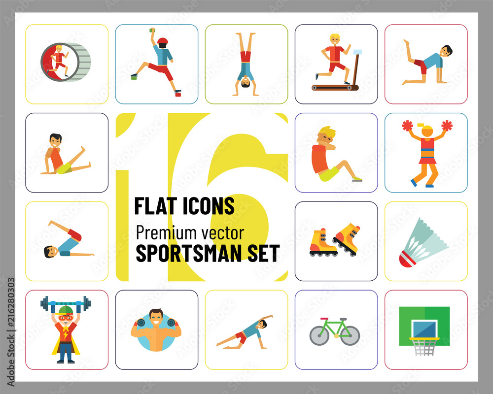 Sportsman vector icons set. Thirteen icons of running man, rock climber ...