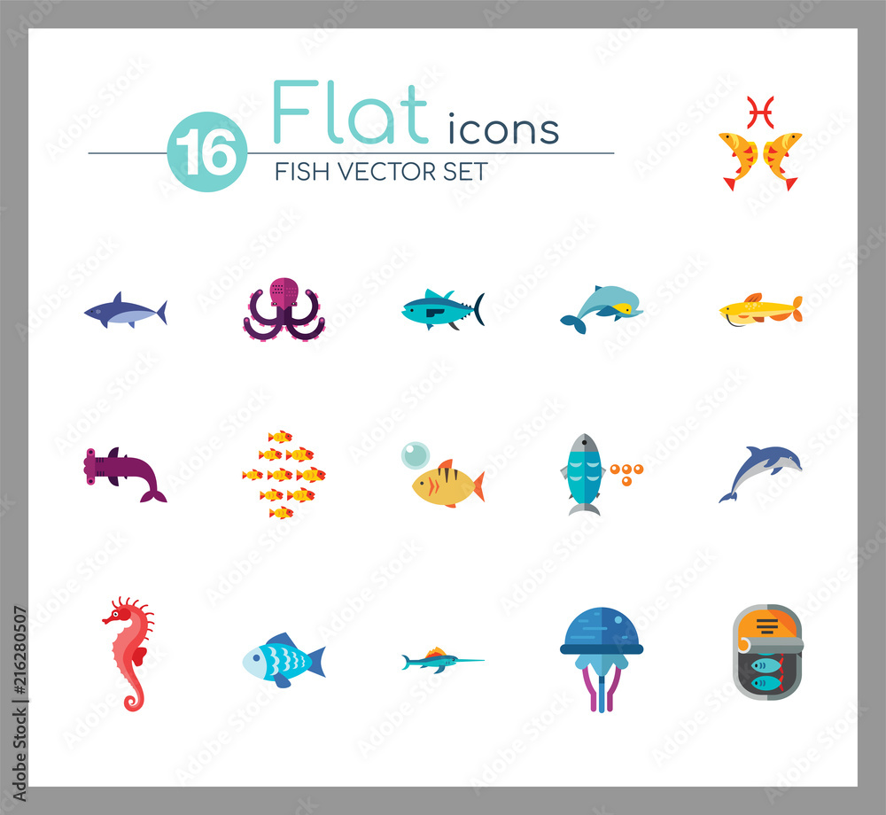 Fish Icon Set. Pieces Octopus Dolphin Shark Catfish Canned Fish Tuna ...