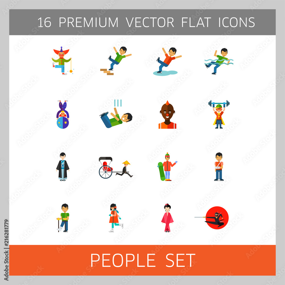 People icon set. Falling down the stairs, slipping, snowboarder, ninja ...