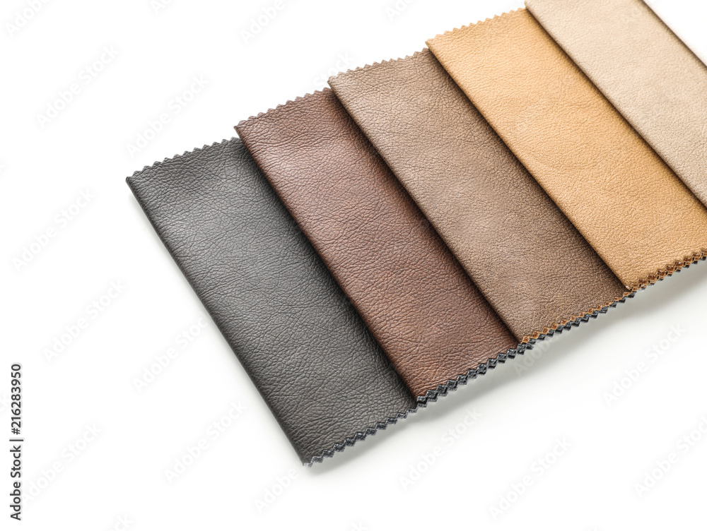 Leather samples of different colors for interior design on white ...