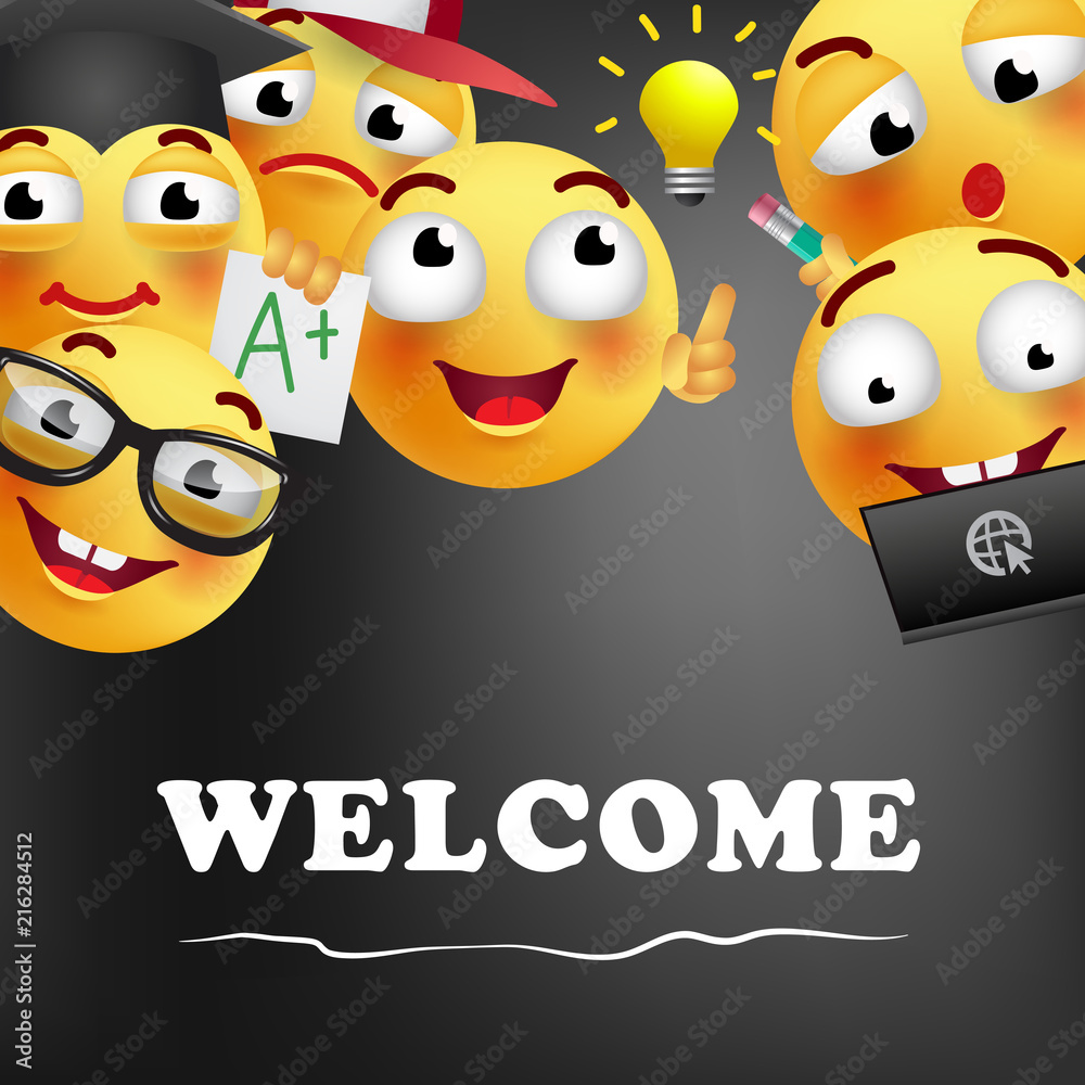Vektorová grafika „Welcome lettering with smiling emojies. Offer or ...