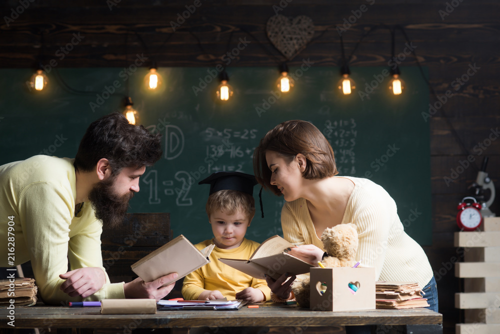 Knowledge concept. Little child learn reading books, knowledge ...