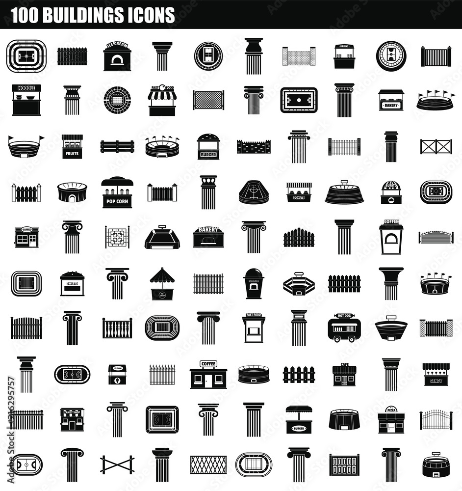 100 buildings icon set. Simple set of 100 buildings vector icons for ...