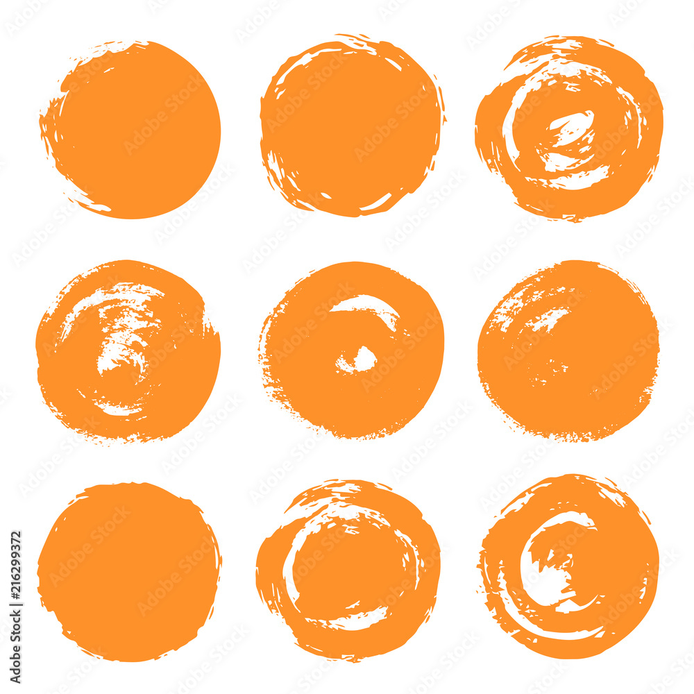Round paint brush stroke vector set. Orange circle frame painted ...