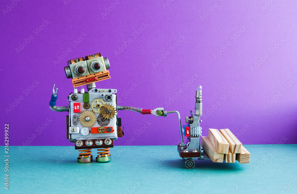 Robot loader moving powered pallet jack with wooden blocks. Forklift ...