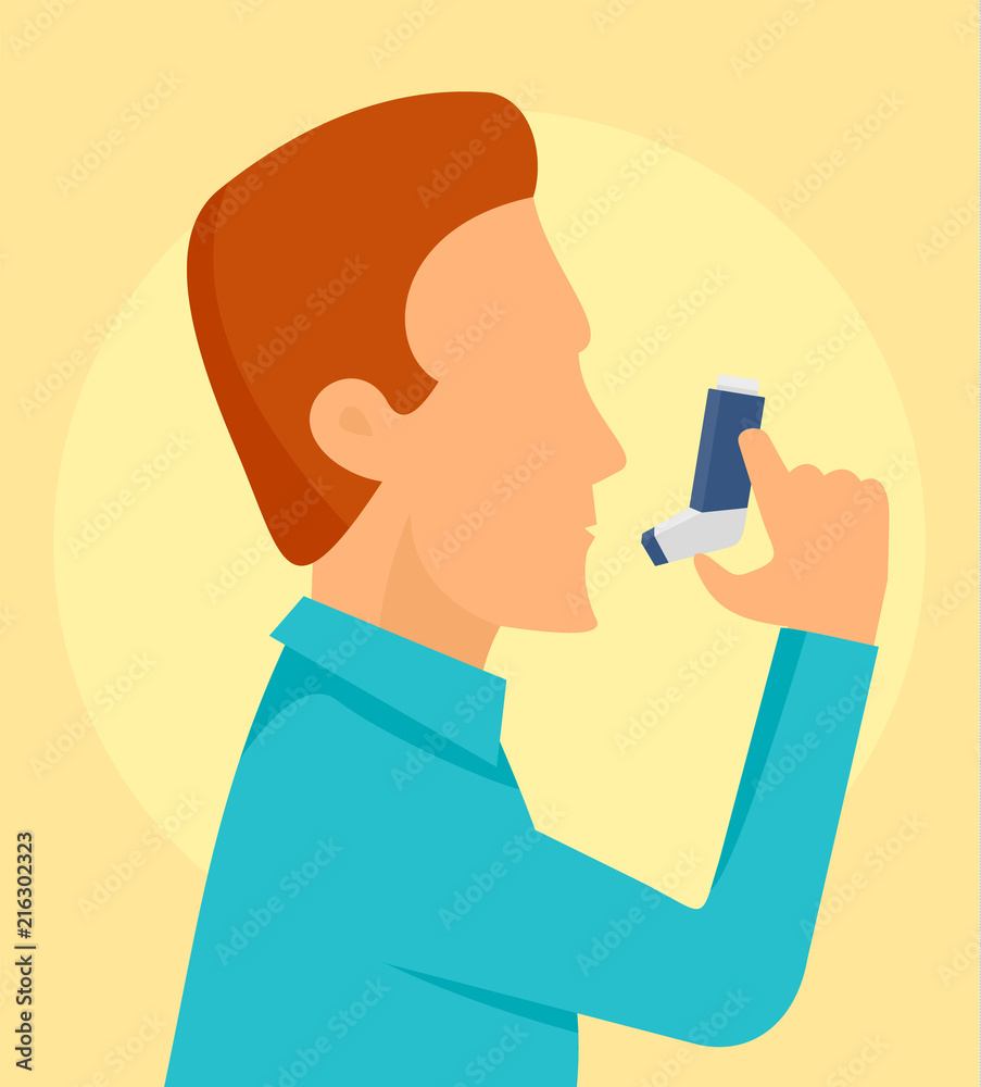 Man take spray inhaler background. Flat illustration of man take spray ...