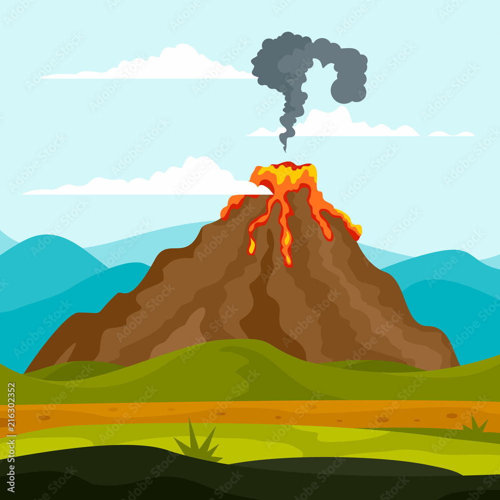 Eruption of volcano background. Flat illustration of eruption of ...