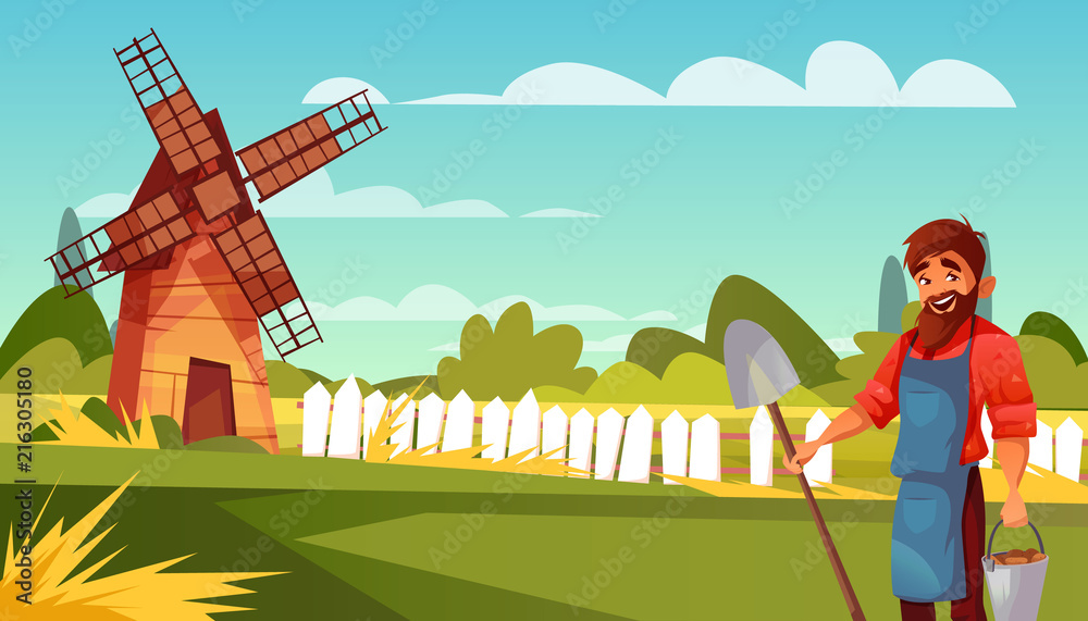 Farmer or peasant vector illustration of man with spade and bucket of ...