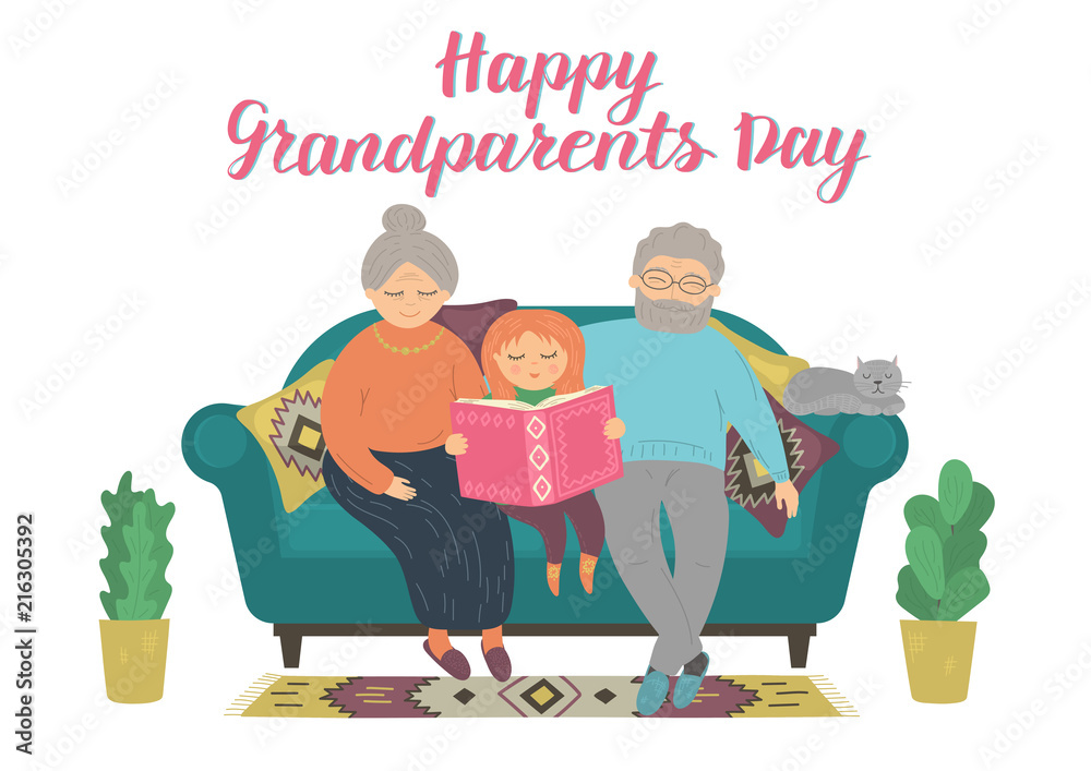 Happy Grandparents Day. Happy grandparents reading book with grandchild ...