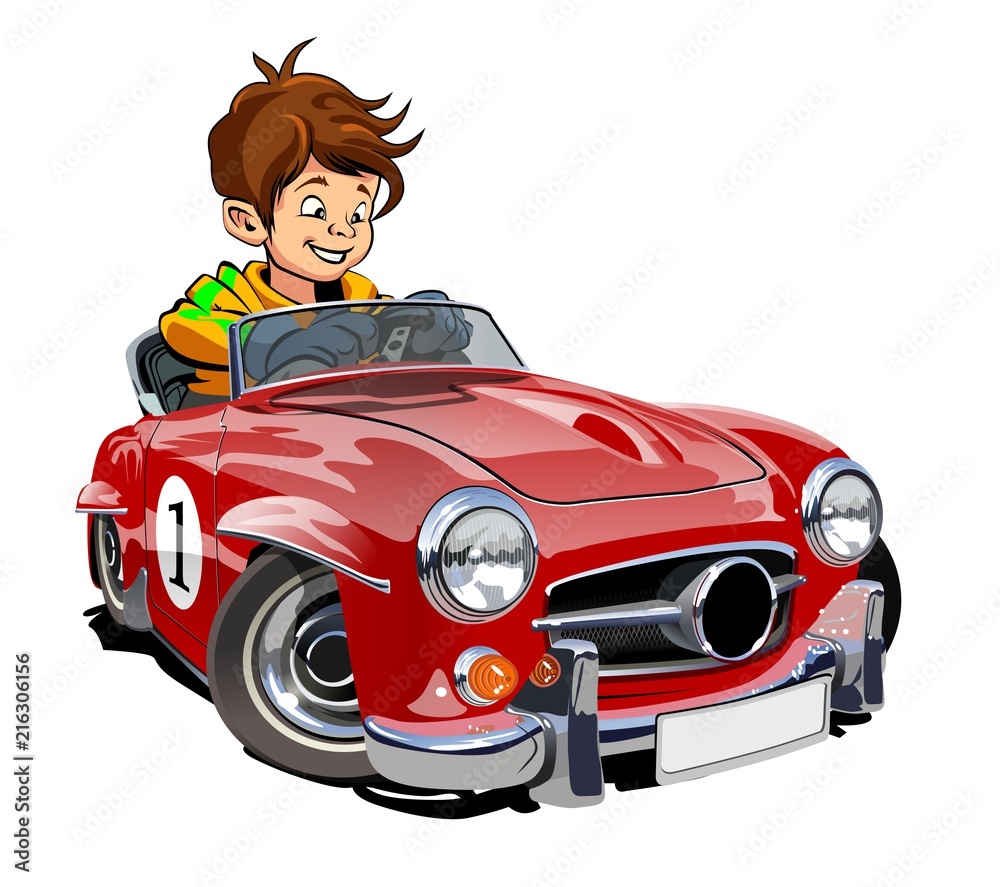 Cartoon retro car with kid driver Stock Vector | Adobe Stock