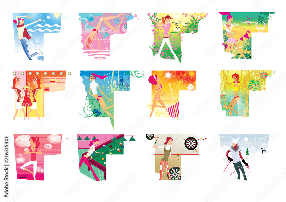 Zodiac sports lady. A set of 12 images of a young girl in a zodiac sign ...