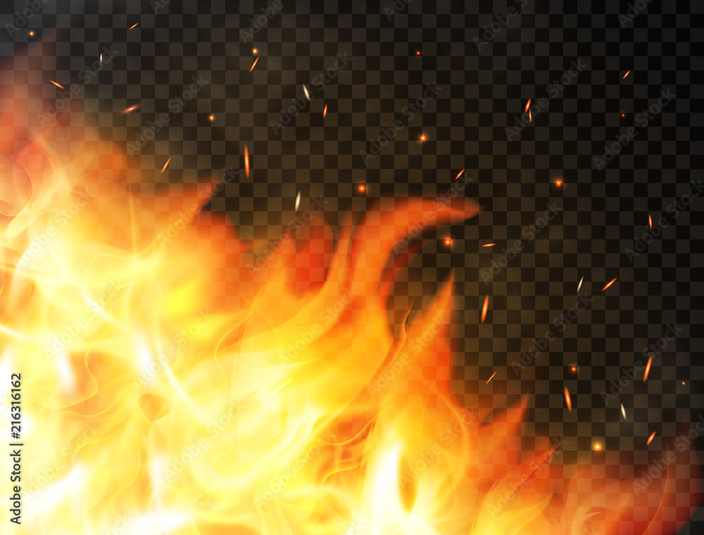 Fire background with flames, red fire sparks, glowing particles and ...