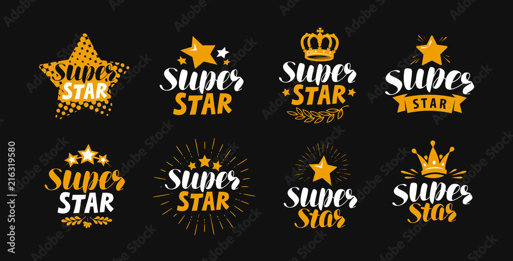 Vetor de Super star, set of labels or logo. Lettering vector ...
