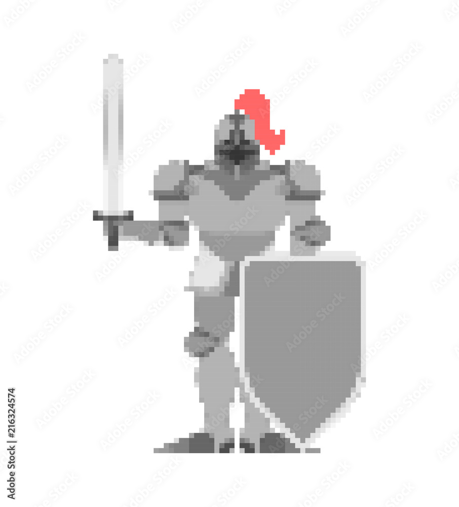 Knight pixel art. Metal armor warrior 8 bit. Digital Iron armor. Plate ...